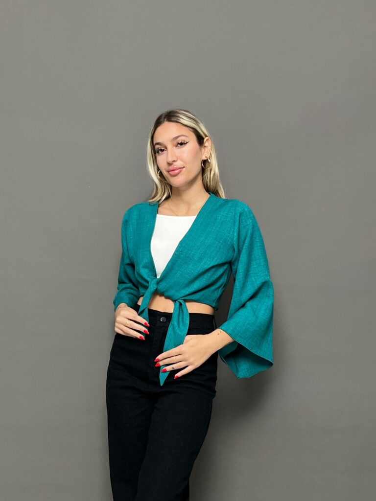 Effortless Tie-Front Kimono Cardigan – Blue Base Fashion